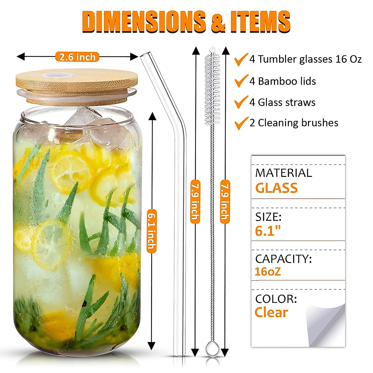 Ritzy Home Shopping - Aesthetic Set of 4-16 Oz Tumbler Glasses with Bamboo Lids and Glass Straws - Clear Drinking Glass Design for Iced Coffee, Tea, Cocktail, latte or Beer.