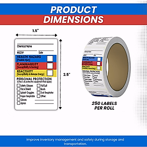 Performore SDS Stickers/MSDS Stickers, 1.5x2.5 Inch Roll of 250, Right to Know Stickers - Chemical Identifying and Marking, Highly Visible and Durable Self Adhesive
