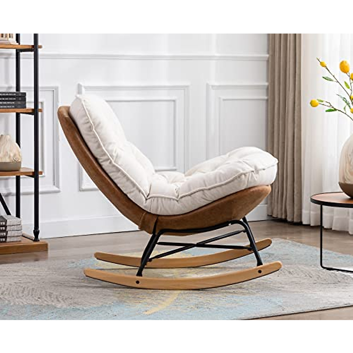 Kmax Rocking Chair Nursery Tufted Accent Glider Chair with Tufted Linen Fabric Cushion PU Leather Base for Baby Nursery Bedroom Living Room, Cream