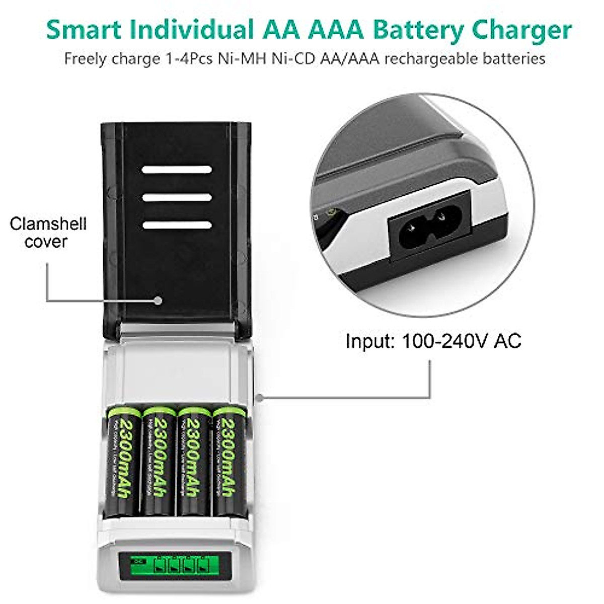 AA AAA Battery Charger Pack, LP 4-Bay Independent Slot LCD Charger & 4-Pack 2300mAh AA & 4-Pack 1000mAh AAA Batteries, Rechargeable Battery for Kids Toys, Remotes, Microphones, Game Controllers & More