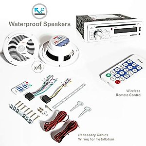 Pyle Marine Stereo Receiver Speaker Kit - In-Dash LCD Digital Console Built-in Bluetooth & Microphone 6.5” Waterproof Speakers (4) w/ MP3/USB/SD/AUX/FM Radio Reader & Remote Control - Pyle PLCDBT85MRW