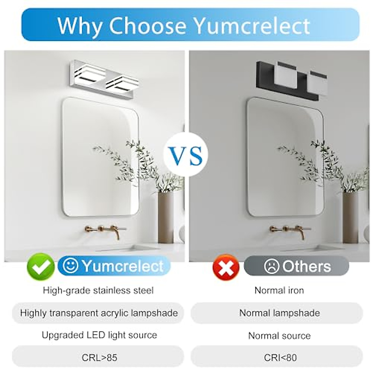 yumcrelect LED Vanity Light, 12W Light Mirror Front Vanity Lamp Modern Acrylic Stainless Steel Bath Wall Vanity Lighting Over Mirror Chrome 2-light Bathroom Bedroom Lighting Fixtures