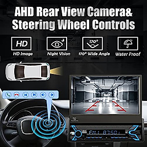 SEMAITU Single Din Car Stereo with 7 Inch Motorized Flip Out IPS HD Touchscreen, Compatible with Apple Carplay & Android Auto, Wide Angle Rear Camera, Support DSP Bluetooth AUX USB SD TF AM/FM Radio