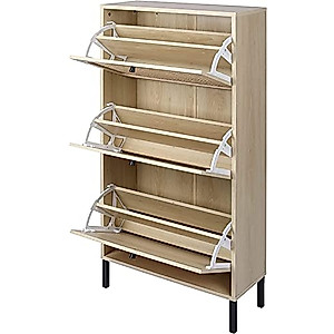 Pvillez Natural Rattan Shoe Cabinet, Modern Free Standing Shoe Racks Storage Cabinet with 3 Flip Drawers and Storage Shelves, Narrow Shoe Rack Cabinet for Entryway, Hallway, Bedroom, Natural