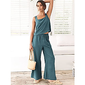 ANRABESS Women's Two Piece Outfits Summer Vacation Cruise Resort Wear 2023 Clothes Casual Linen Tank Crop Top Wide Leg Pants Matching Lounge Set Jumpsuit 732qinglan-L