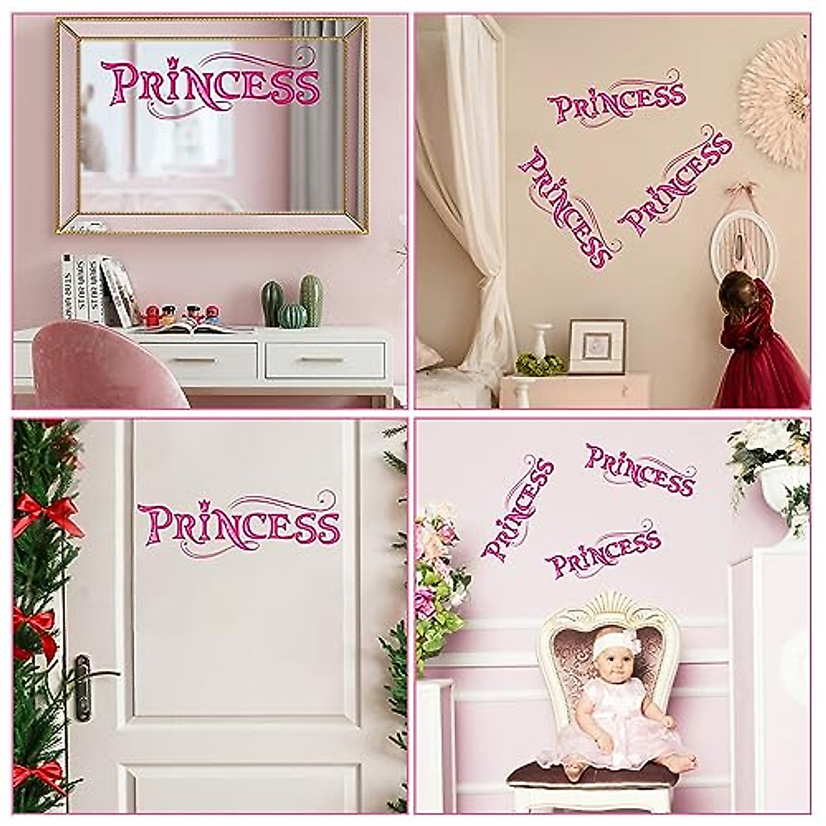 MEFOSS 4 PCS Pink Princess Wall Stickers Princess Sign for Door Girls Room Décor 16"×6" Removable Peel and Stick Vinyl Stickers for Girls Bedroom Baby Crib Nursery Room Home Decorations