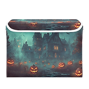 BOESI Castle and Halloween Pumpkin Pattern Foldable Storage Baskets Fabric Boxes with Handle Organizers with Flip-Top Lids Storage Bins for Home Bedroom Office