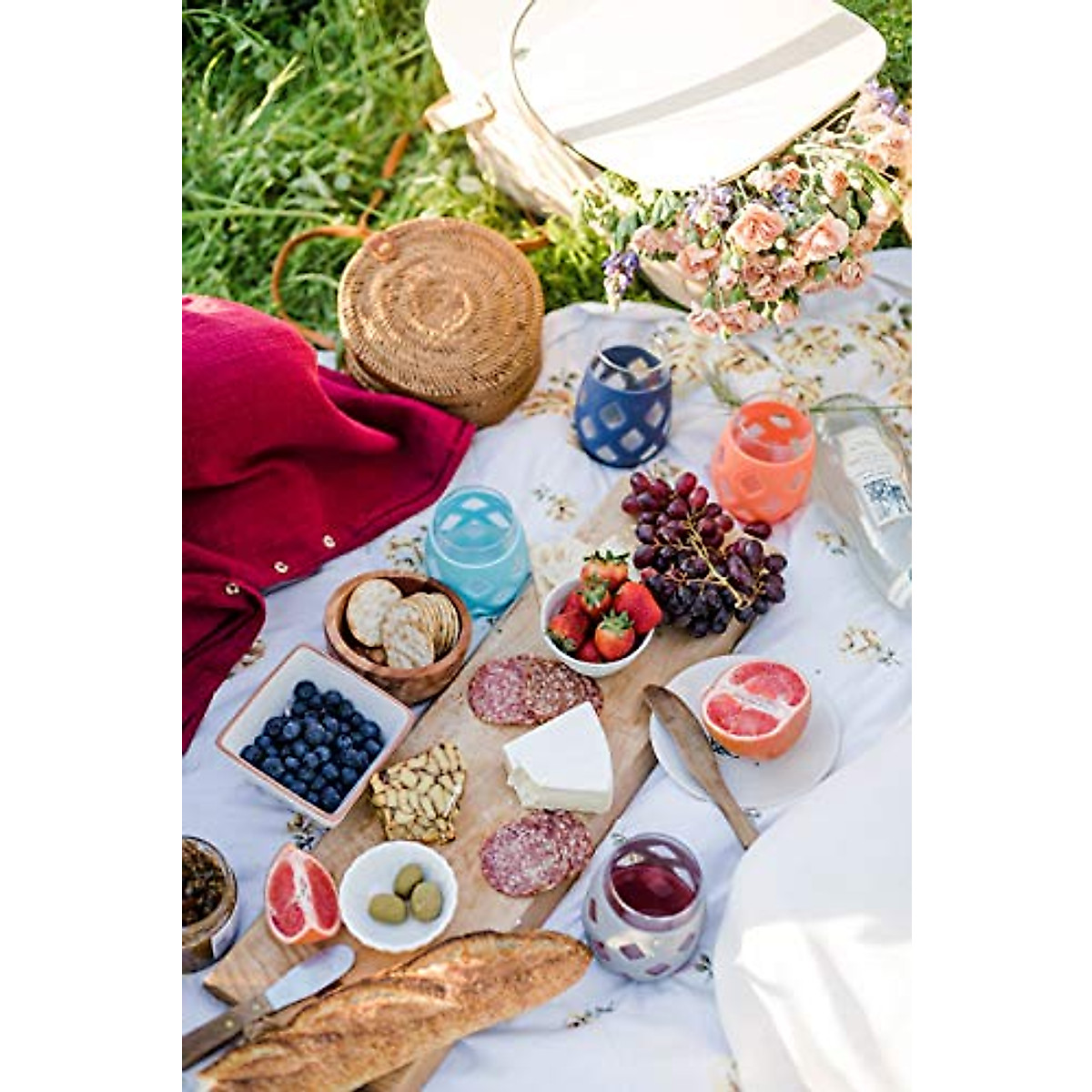 Ello Cru Stemless Glass Wine Set with Protective Silicone Sleeve, Perfect for Gifting, Travel and Entertaining, BPA Free, Dishwasher Safe, Set of 4, Paloma, 17oz