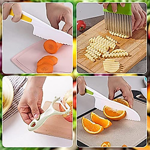 Leking 8 Pcs Wooden Kids Kitchen Knife, Plastic Kids Knife Set Include Wood Kids Safe Knife, Serrated Edges Plastic Toddler Knife, Plastic Potato Slicers, Sandwich Cutter, Y Peeler and Cutting Board