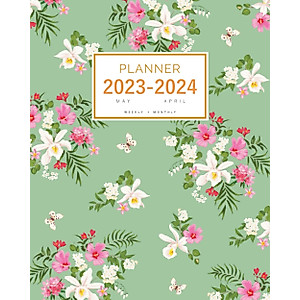 Planner May 2023-2024 April: 8x10 Weekly and Monthly Organizer Large | Tropical Orchid Butterfly Design Green