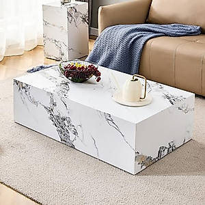 KEVINSPACE Coffee Tables for Living Room, 39.37" Modern Coffee Table Faux Marble Rectangular Drum Coffee Table, Fully-Assembled White Furniture with Mid Century Design for Waiting Area