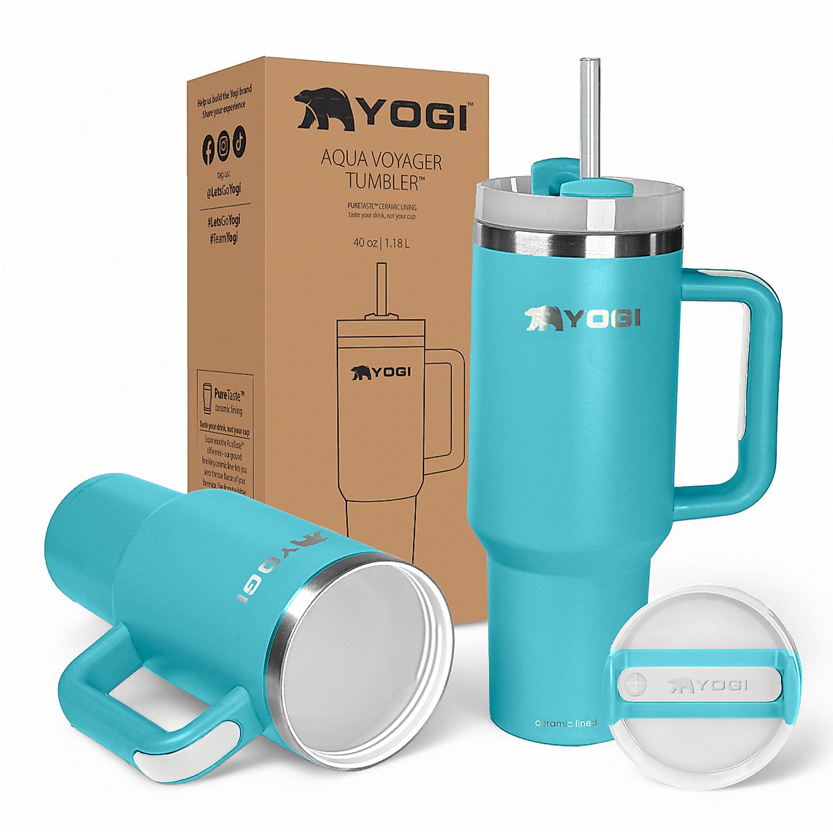 YOGI Ceramic Lined Tumbler with Handle and Straw Lid, Stainless Steel Travel Mug & Water Tumbler, Vacuum Sealed Cup with Handle - 40oz Aqua