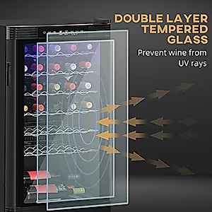 HOMCOM 33 Bottle Wine Cooler, Mini Beverage Fridge, Freestanding Wine Cellar with Digital Temperature Control, 6 Removable Shelves, Glass Door, Alarm Function and LED Lighting, Black