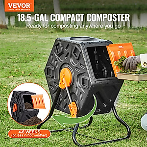 VEVOR Compost Bin, 18.5-Gal Small Composting Tumbler, Compact Single Rotating Chamber with Sliding Door and Steel Frame, BPA Free Composter Bin Tumbler for Garden, Kitchen, Yard, Outdoor