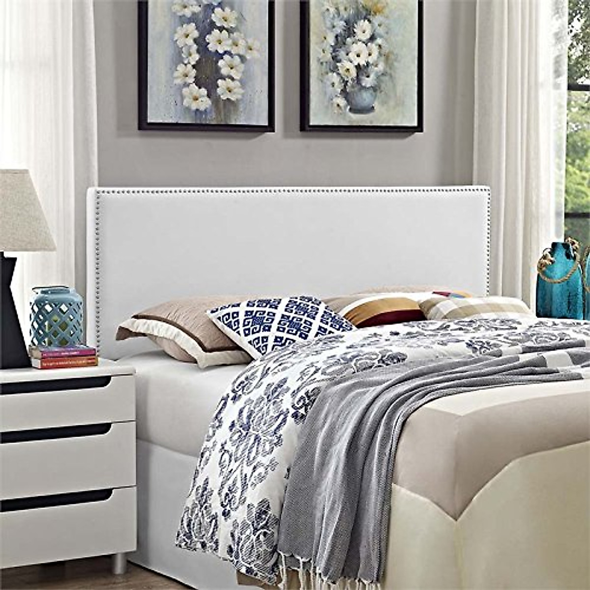 Modway Phoebe Faux Leather Upholstered Queen Headboard in White with Nailhead Trim