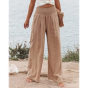 Vansha Women Summer High Waisted Cotton Linen Palazzo Pants Wide Leg Long Lounge Pant Trousers with Pocket Khaki S