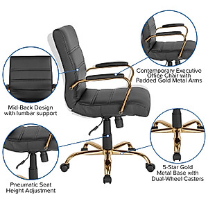 Merrick Lane Milano Contemporary Mid-Back Black Faux Leather Home Office Chair with Padded Gold Arms