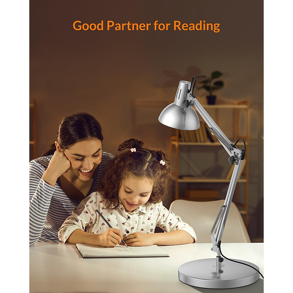 LEPOWER Metal Desk Lamp, Adjustable Goose Neck Architect Table Lamp with On/Off Switch, Swing Arm Desk Lamp with Clamp, Eye-Caring Reading Lamp for Bedroom, Study Room &Office (Silver)