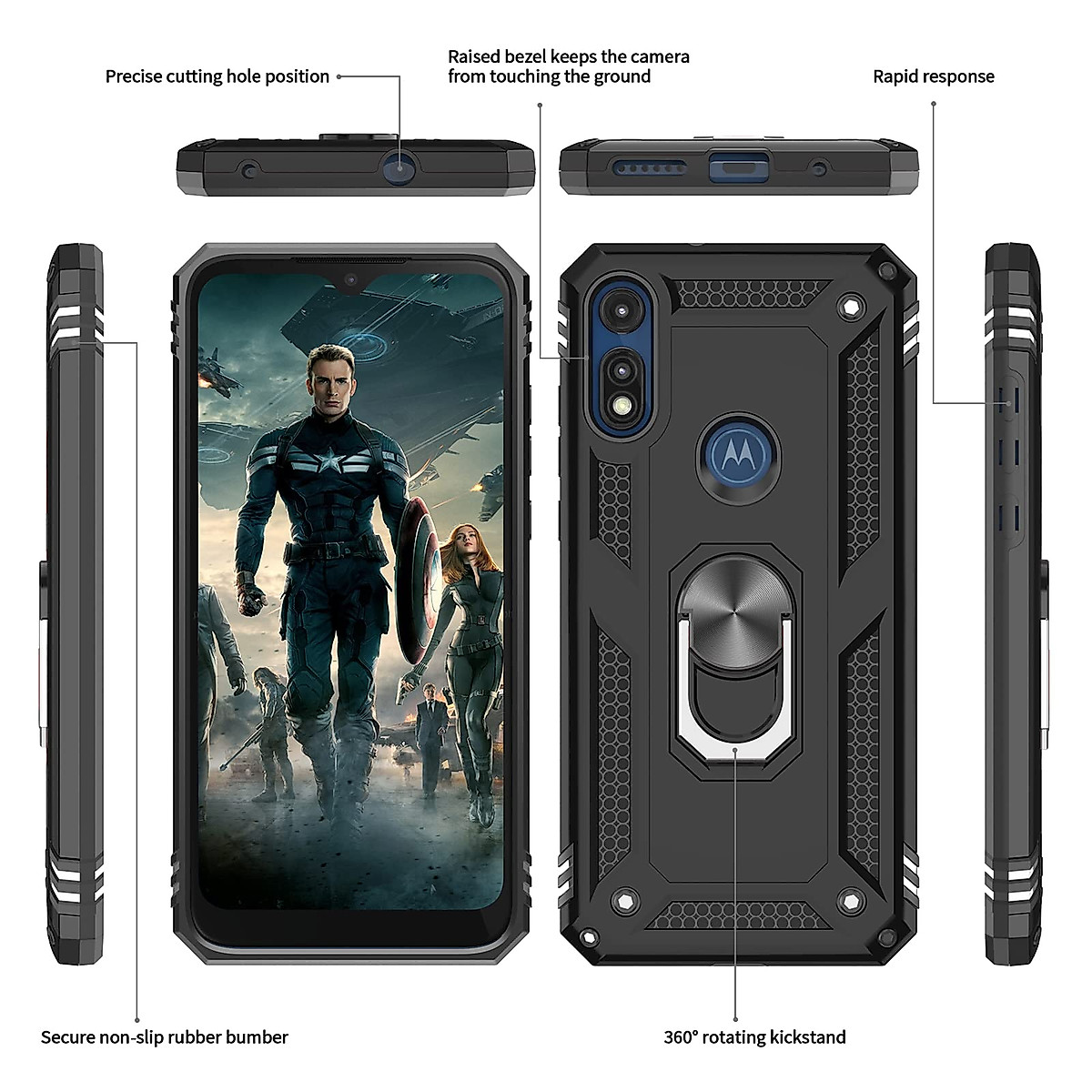 LeYi for Moto E Phone Case (2020) with [2 Pack] Tempered Glass Screen Protector, Military-Grade Protective Phone Case with Magnetic Ring Kickstand for Motorola Moto E 2020 Case, Black