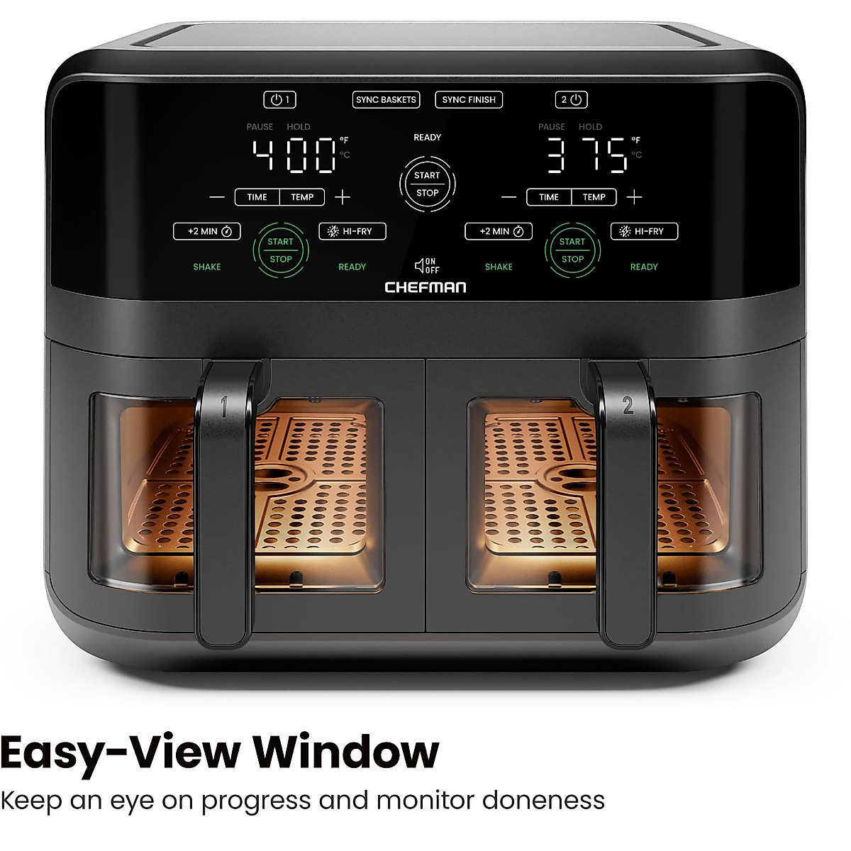 CHEFMAN 6 Quart Dual Basket Air Fryer Oven with Easy View Windows, Sync Finish, Hi-Fry, Auto Shutoff, 2 Independent 3Qt Nonstick Dishwasher Safe Frying Baskets, Digital Double Air Fryer - Black