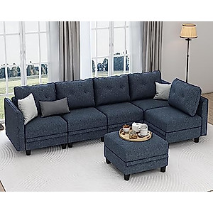 LLappuil Modular Sofa Sectioanl Couch with Storage, Convertible 6 Seater L Shaped Modular Chaise Sofa with Ottoman, Denim Blue
