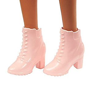 Barbie Fashionistas Doll #140 with Long Brunette Hair Wearing Mouse-Print Dress, Pink Booties & Sunglasses, Toy for Kids 3 to 8 Years Old