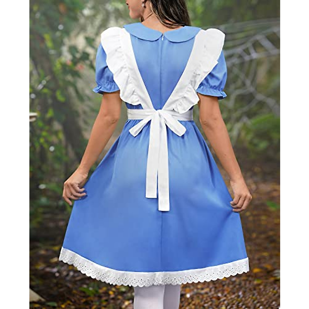 Spadehill Women's Halloween Puff Sleeve Lace Hemline Costume Alice Adult Princess Cosplay Dress Blue White S