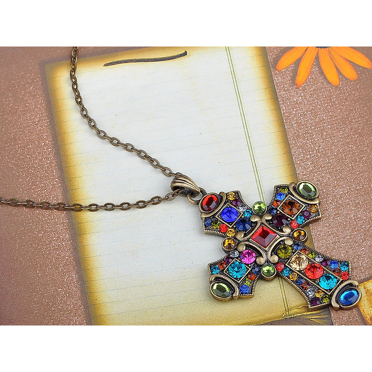 Alilang Ornate Antique Golden Tone Colorful Rhinestone Cross Pendant Necklace, Multicolored