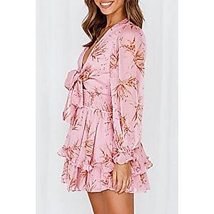 PRETTYGARDEN Women's Short A-Line Flare Dress Knot Front Long Sleeve V Neck Tiered Ruffle Swing Mini Skater Dresses (Pink Floral,X-Large)