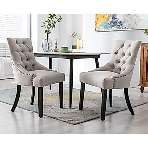 EALSON Set of 2 Linen Dining Chairs Elegant Tufted Back with Nailed Trim Home Kitchen Dining Room Chairs Armless Accent Side Chairs Solid Rubber Wood Legs, Set of 2 (Beige)