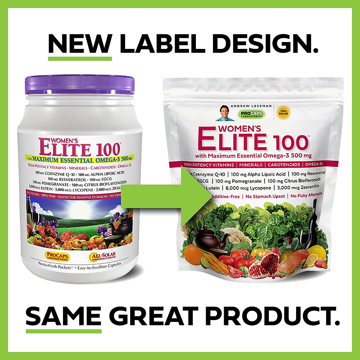 ANDREW LESSMAN Multivitamin - Women's Elite-100 with Maximum Essential Omega-3 500 mg 60 Packets – 40+ Potent Nutrients, Essential Vitamins, Minerals, Phytonutrients and Carotenoids. No Additives