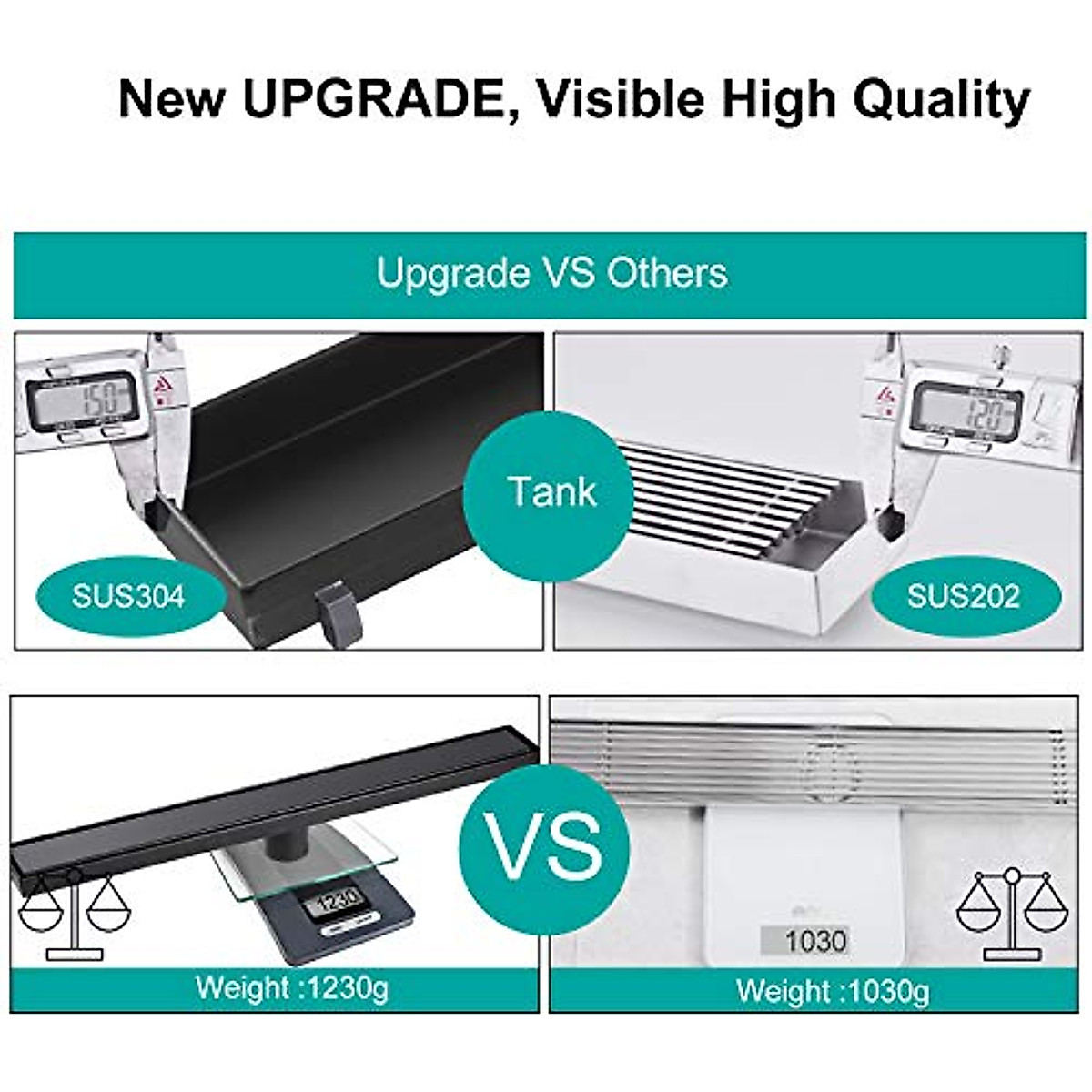 BARONAGE 24-Inch Linear Shower Drain, with 2-in-1 Flat & Tile, Insert Cover Black Brushed 304 Stainless Steel Rectangle Shower Floor Drain Adjustable