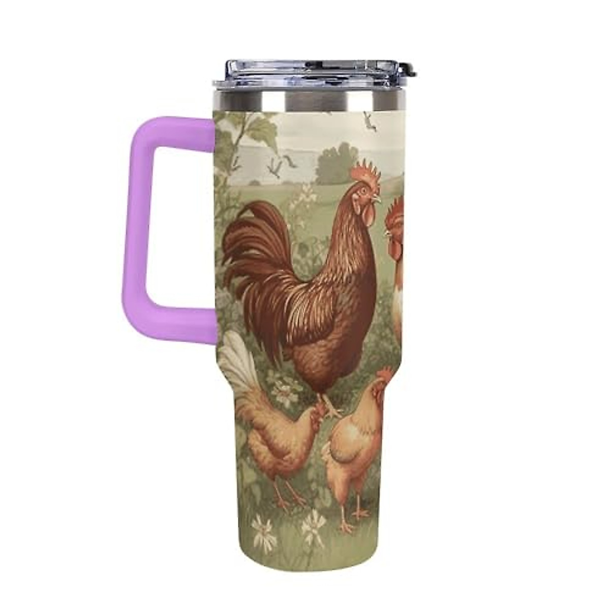 LLUTSNTH 40 Oz Vacuum Tumbler with Violet Handle Leakproof Insulated Tumbler Chickens And Farm Stainless Steel Travel Mug with Lid And Straw Coffee Cup Cute Water Bottles Cup Holder Friendly