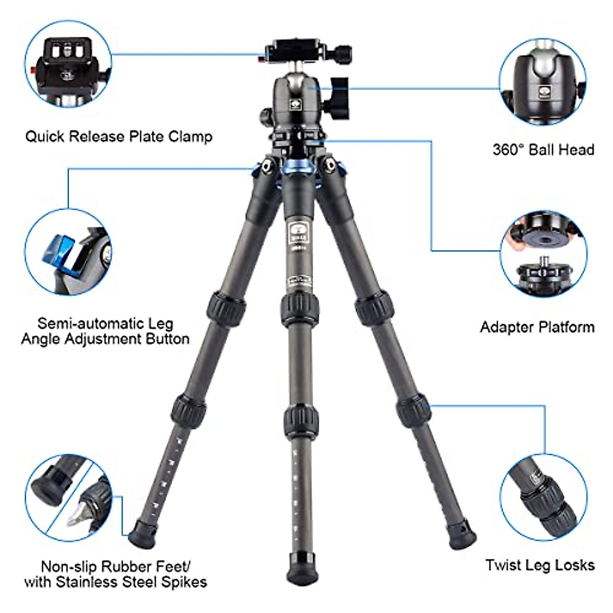 SIRUI AM-223 Carbon Fiber Camera Tripod Mini Travel Compact Tripod with 360° B-00K Ball Head, Arca Swiss Quick Release Plate, Loads up 15KG, Max Height 16", Folded Height 12.1"