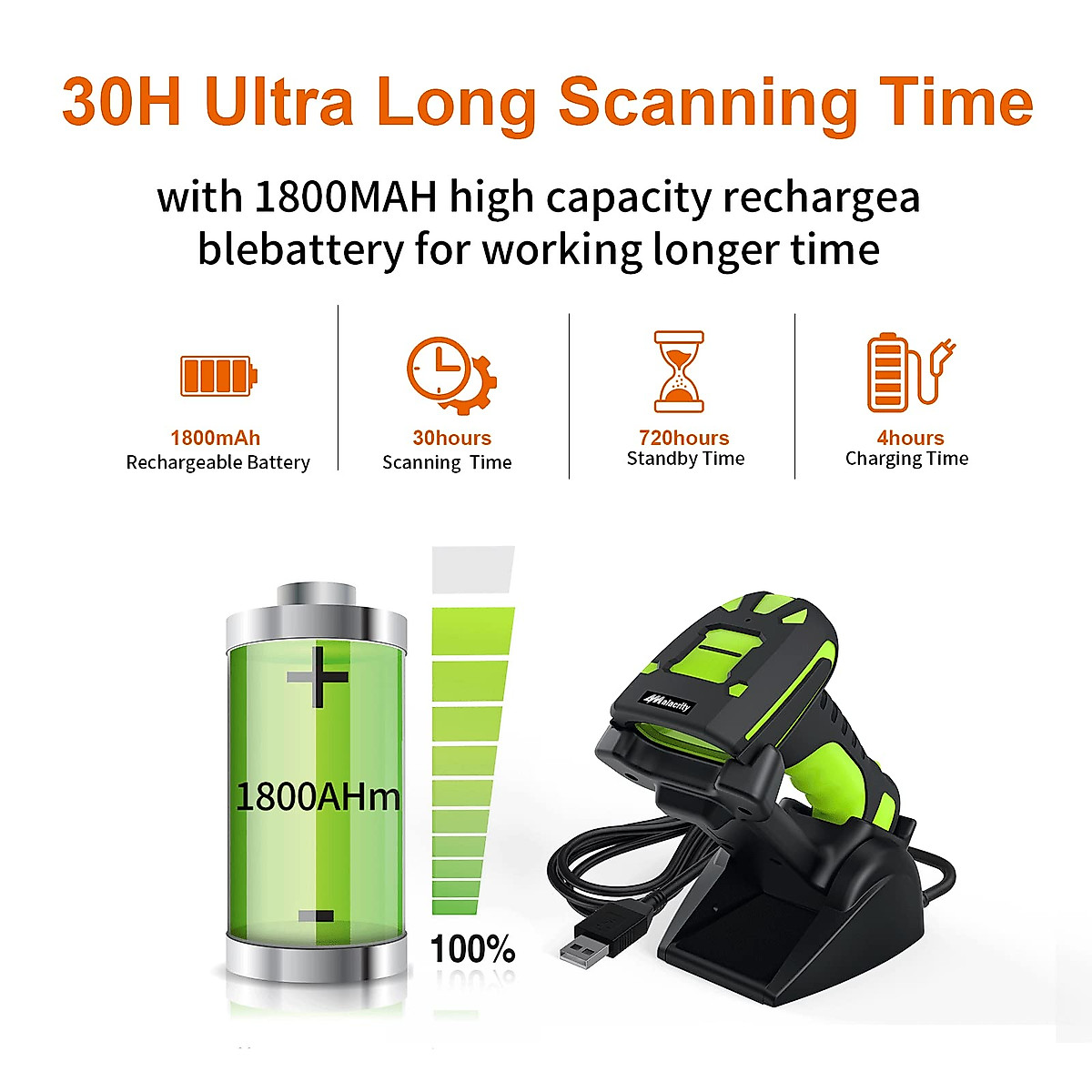 Alacrity 2D Industrial Wireless Barcode Scanner with Charging Stand, Bluetooth Drop Resistant, 1968 Feet Transmission Distance 433Mhz QR 1D Bar Code Reader