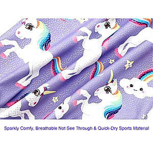 TENVDA Gymnastics Leotards for Girls with Dance Shorts 6-7 Years Old Purple Sparkly Unicorn Printed USA Kids Long Sleeve One-Piece Athletic Bodysuit Tumbling Outfit