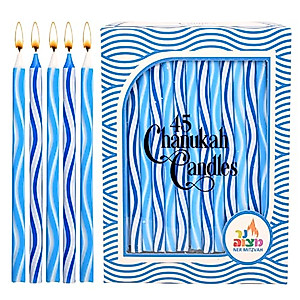 Hanukkah Candles Standard Size - Wave Etched Blue & White Chanukah Candles Fits Most Menorahs - Premium Quality Wax - 45 Count for All 8 Nights of Hanukkah - by Ner Mitzvah