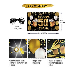 HTDZZI Cheers to 50 Years Backdrop Banner Black Gold, Happy 50th Birthday Decorations for Men Women, Fabric 50 Year Old Birthday Party Yard Sign, 50th Wedding Anniversary