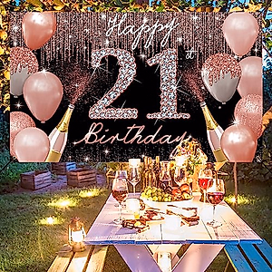 Happy 21st Birthday Backdrop Banner, 21st Birthday Decoration for Her Rose Gold, 21 Year Old Birthday Party Yard Sign Photo Booth Props Background Poster, 21 Bday Decor, Fabric, PHXEY