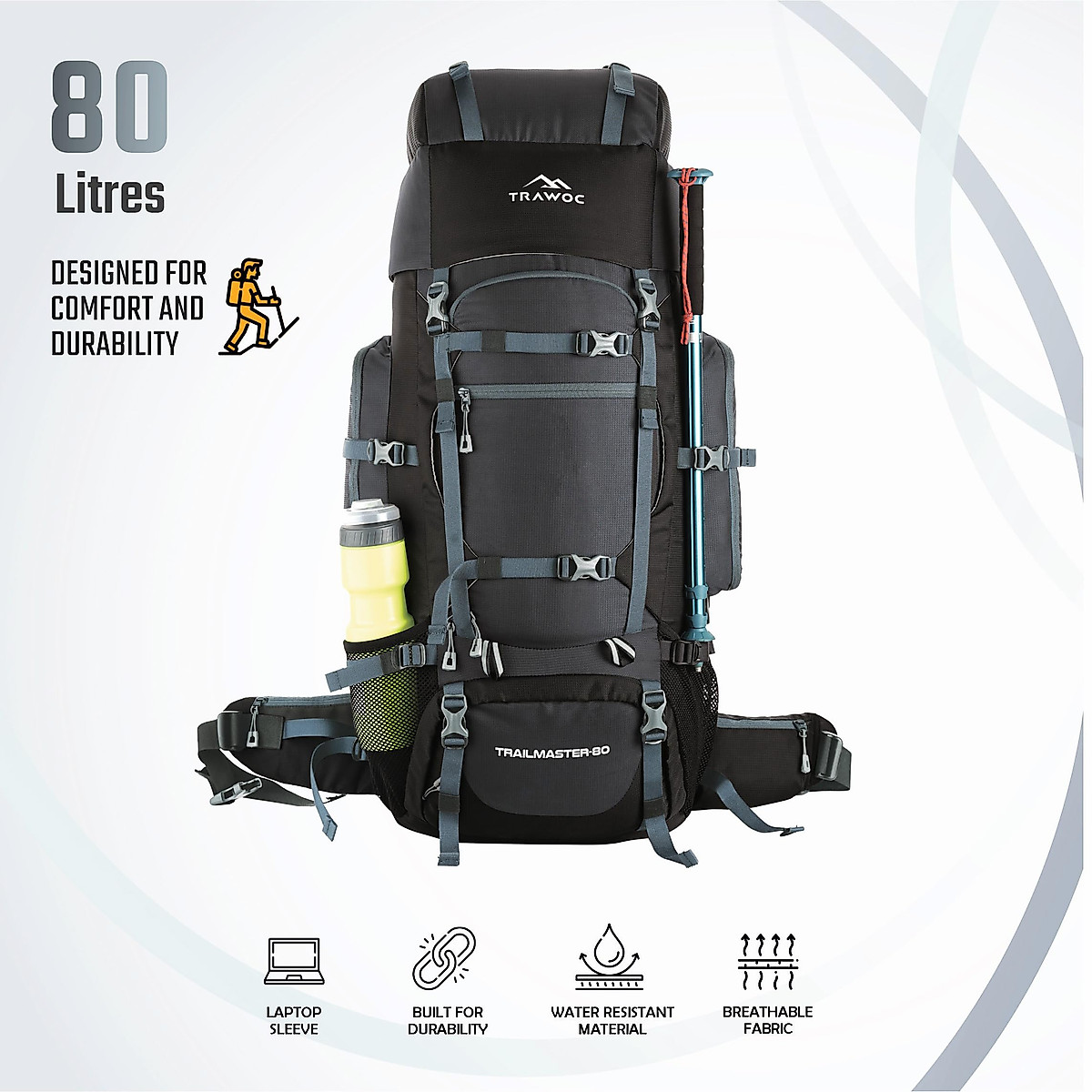 TRAWOC 80L Travel Backpack for Outdoor Sport Camp Hiking Trekking Bag Camping Rucksack HK007 (Grey)