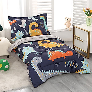 Wowelife Toddler Bedding Sets for Boys, Premium 4 Piece Dinosaur Toddler Comforter Set, Blue Grey Toddler Bed Set, Super Soft and Comfortable for Toddler(Dark Blue)
