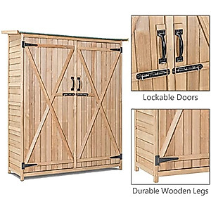 GRAFFY Outdoor Storage Shed, Wooden Garden Tools Cabinet with 2 Lockable Doors and Handles, Organizer Cabinet with Tilted Asphalt Roof, for Outside Garden and Yard