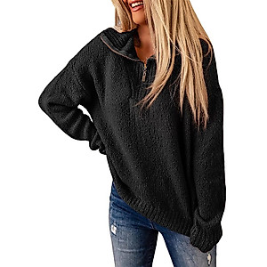 Dokotoo Oversized Quarter Zip Pullover Sweaters for Women Cute Waffle Knit Oversized Fall Winter Outfits Jumpers TopFashion V Neck Long Sleeve Warm Cozy Polo Ladies Black Sweater X-Large