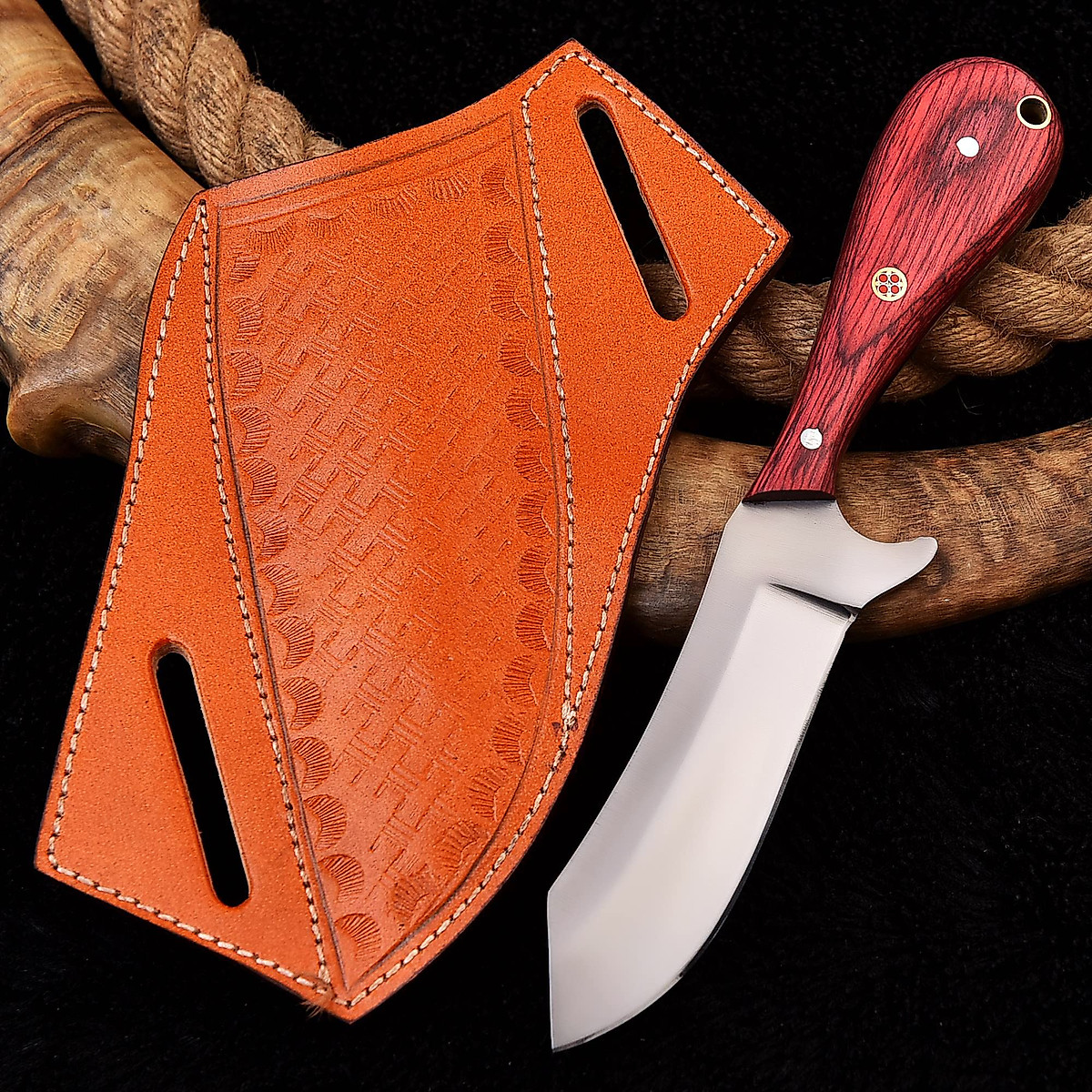 Wolf Craft Handmade 1095 High Crabon Steel Steel Bull Cutter Knife, Fixed Blade Cowboy Knife, Hand Made Hunting Knives EDC bull Cutter CamPing knife Gifts For Men - Red Wood Handle With Leather Sheath (Red wood)