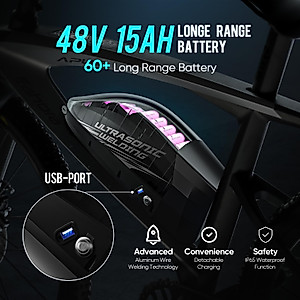 eAhora APUS 2023 Peak 1000W Electric Bike 15AH Battery 26'' Carbon Fiber Electric Bike, 7-Speed Gears 30MPH Ebike,Color Display with USB Port