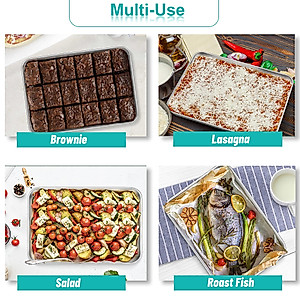 TeamFar Lasagna Pan, 12⅖’’ x 9¾’’ x 2’’, Stainless Steel Rectangular Cake Brownie Casserole Pan For Roasting Baking, Healthy & Heavy Duty, Brushed Surface & Deep Side, Dishwasher Safe