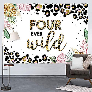 Lofaris Four Ever Wild Birthday Backdrop 4th Birthday Safari Jungle Leaves Photography Background Child Kids Birthday Party Decorations Girl Cake Table Banner Photo Booth Props 7x5ft