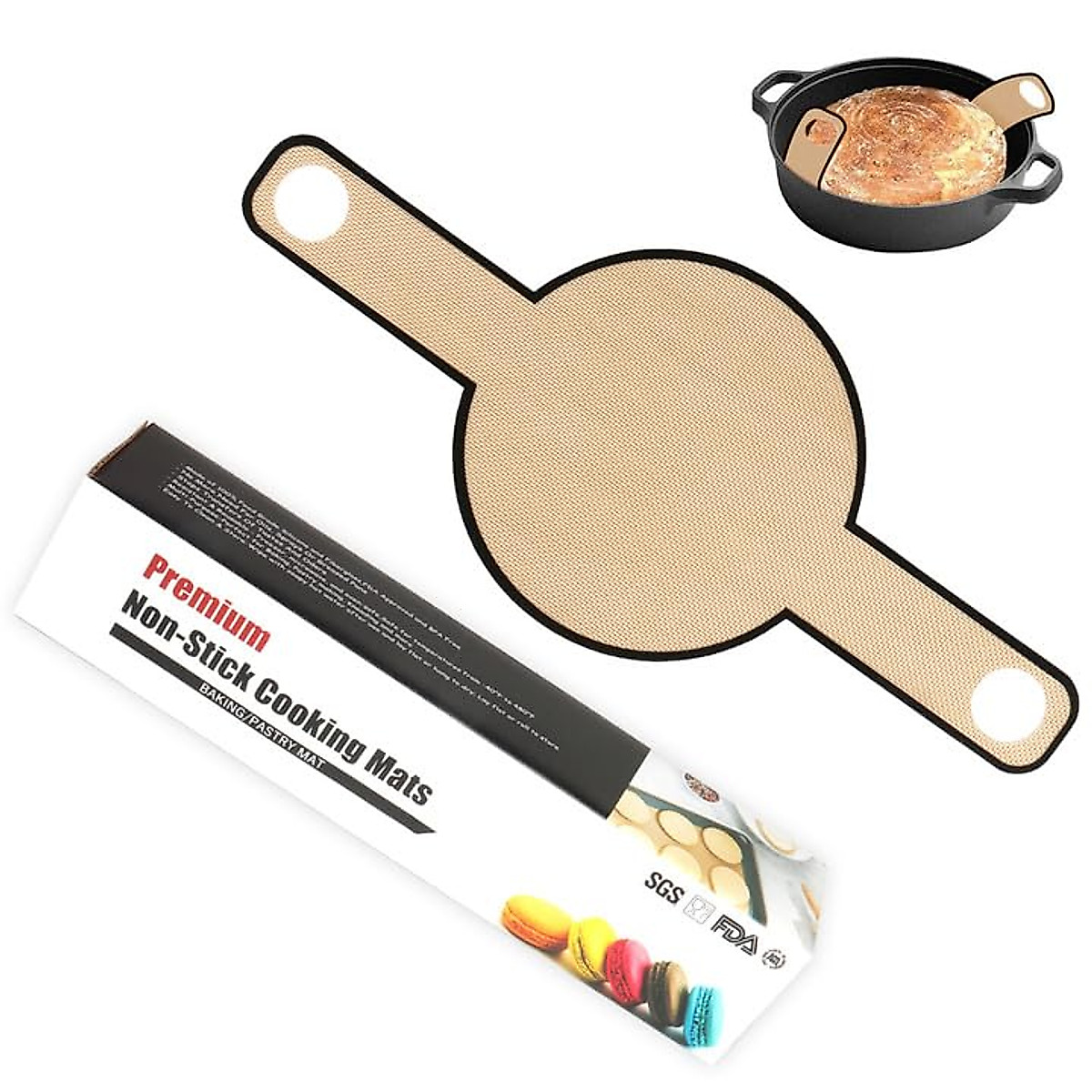 Yuehuam Silicone Baking Mat for Dutch Oven Bread Baking Reusable Dough Drop Dough Bread Sling Baking Mat Sheet Long Handles for Gentler & Easier Transfer of Dough Oven Accessories (Brown)