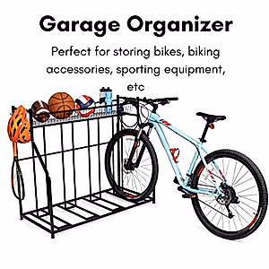 4 Bike Stand Rack with Storage – Great for Parking Road, Mountain, Hybrid or Kids Bikes – Garage Organizer - Helmet - Sports Storage Station - Black