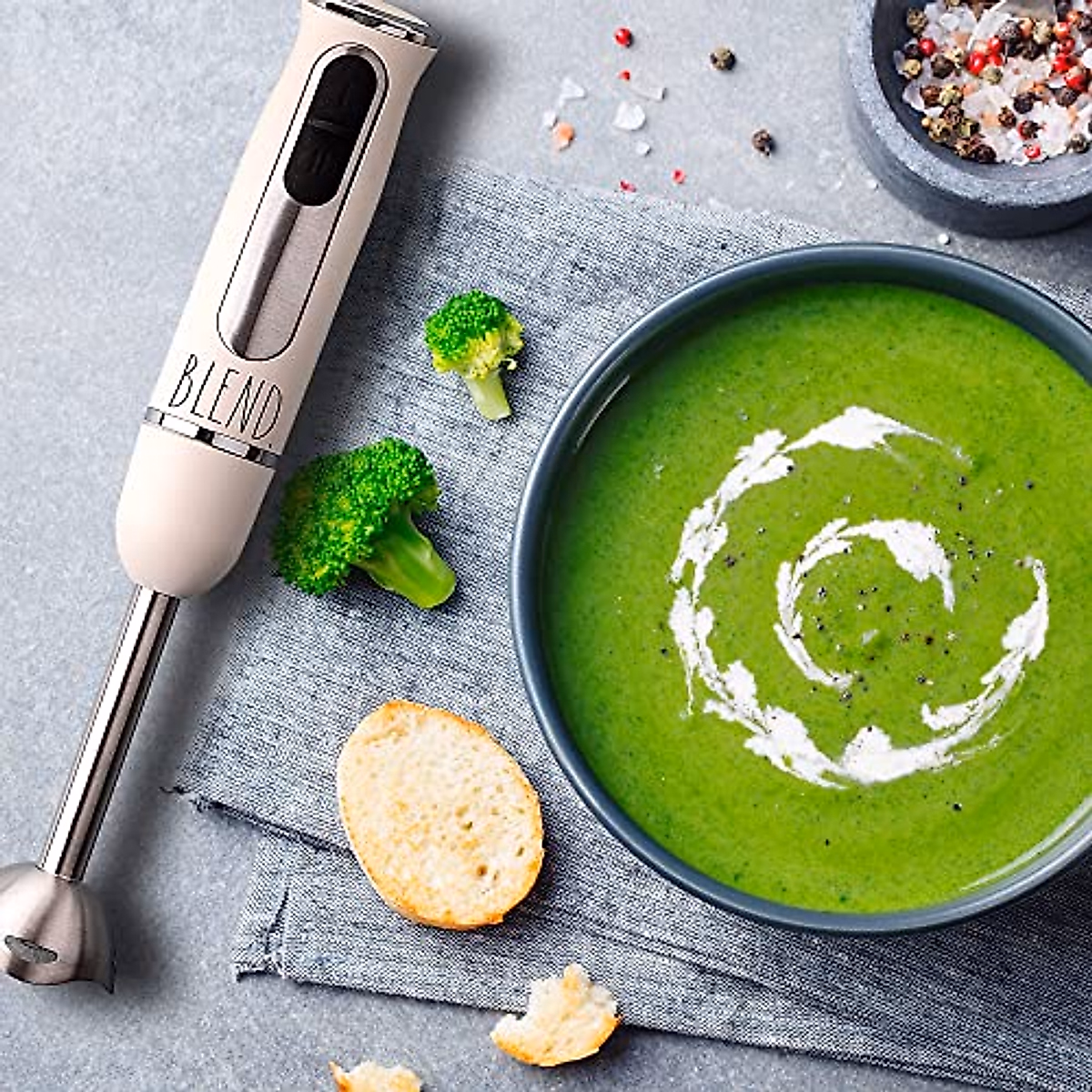 Rae Dunn Immersion Hand Blender- Handheld Immersion Blender with Egg Whisk and Milk Frother Attachments, 2 Speed Blender, 500 Watts, Stainless Steel Blade (Cream)